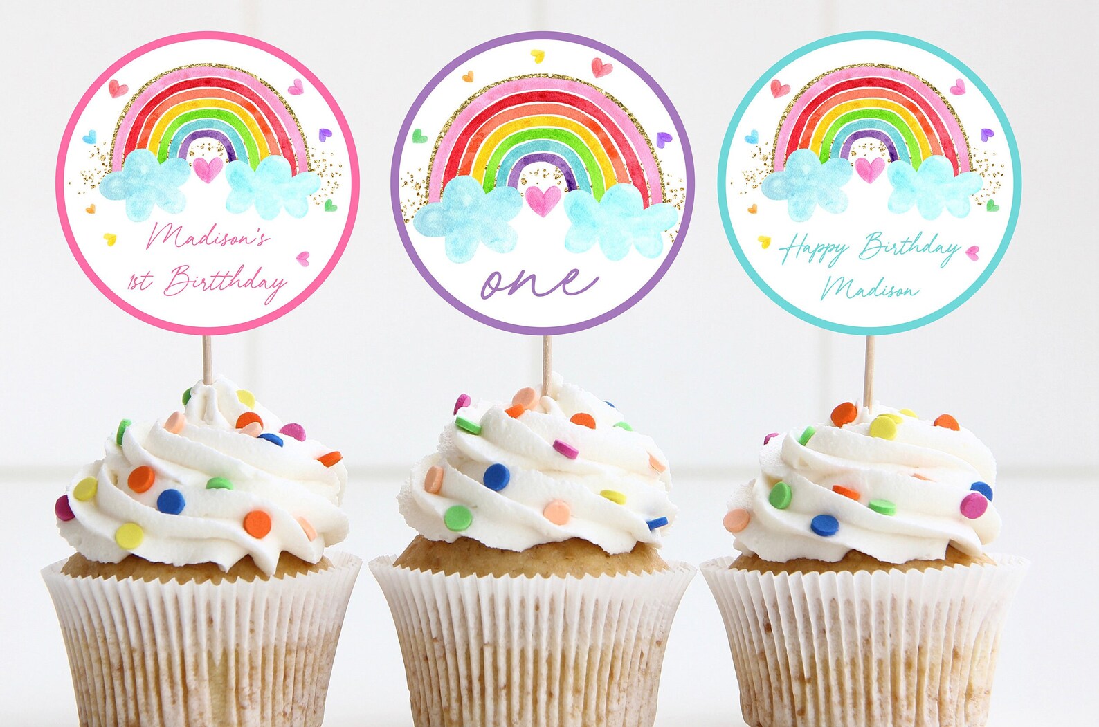 Editable Rainbow Birthday Cupcake Toppers Girls Rainbow Party - Etsy