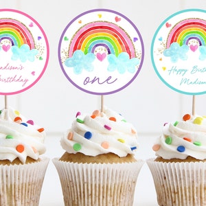 Editable Rainbow Birthday Cupcake Toppers Girls Rainbow Party - Etsy