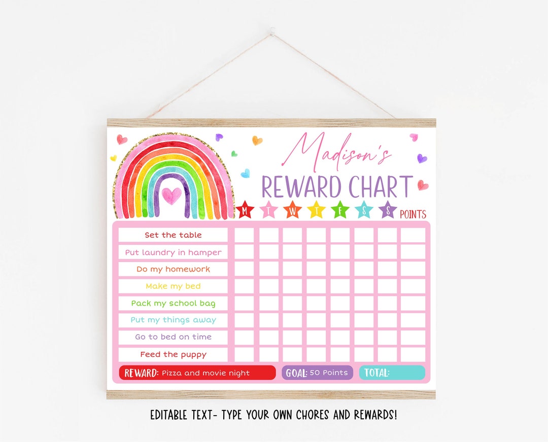 Editable Rainbow Reward Chart Rainbow Behavior Chart Pink & - Etsy