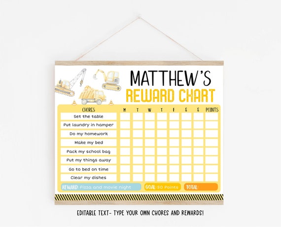 Editable Construction Reward Chart, Chore Chart, Behavior Chart, Boys ...