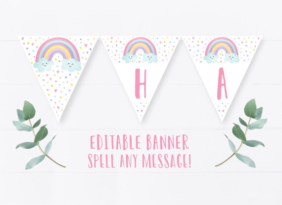 Editable Rainbow Birthday Banner Girls Rainbow Party Pastel | Etsy ...