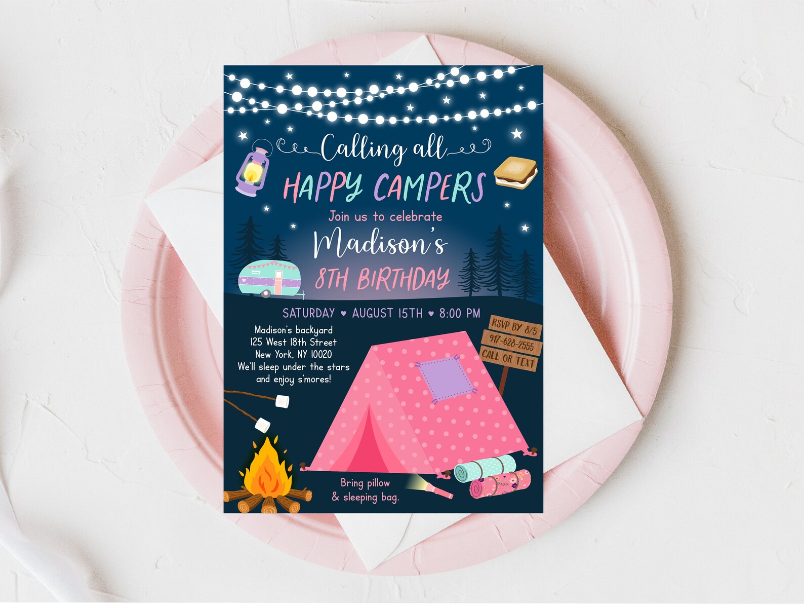 Editable Girl Camping Birthday Invitation Camping Sleepover - Etsy