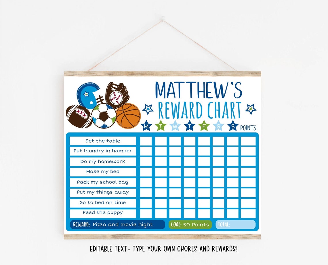 EDITABLE Sports Reward Chart Boys Reward Chart Boys Chore - Etsy Australia