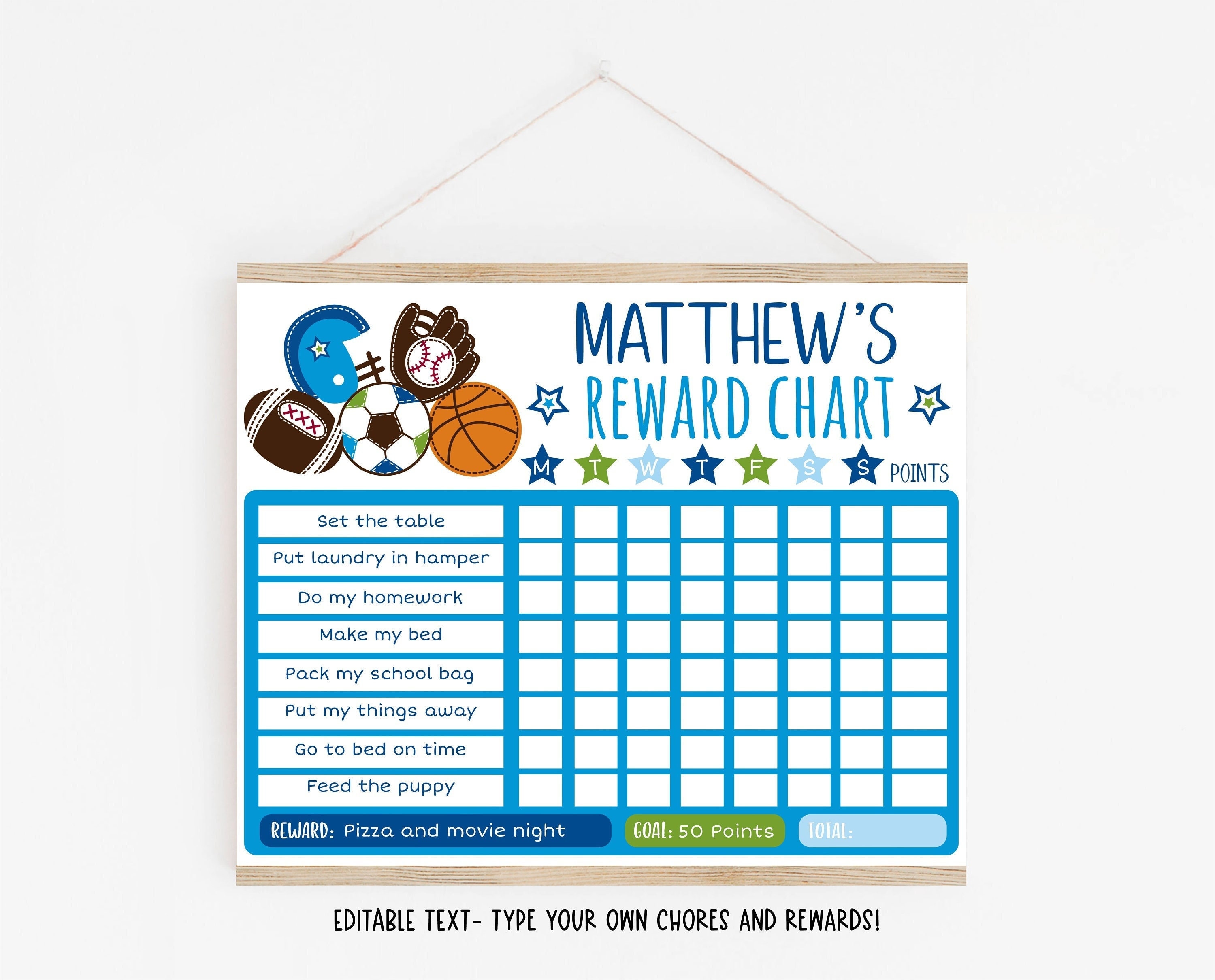 EDITABLE Sports Reward Chart Boys Reward Chart Boys Chore Chart ...