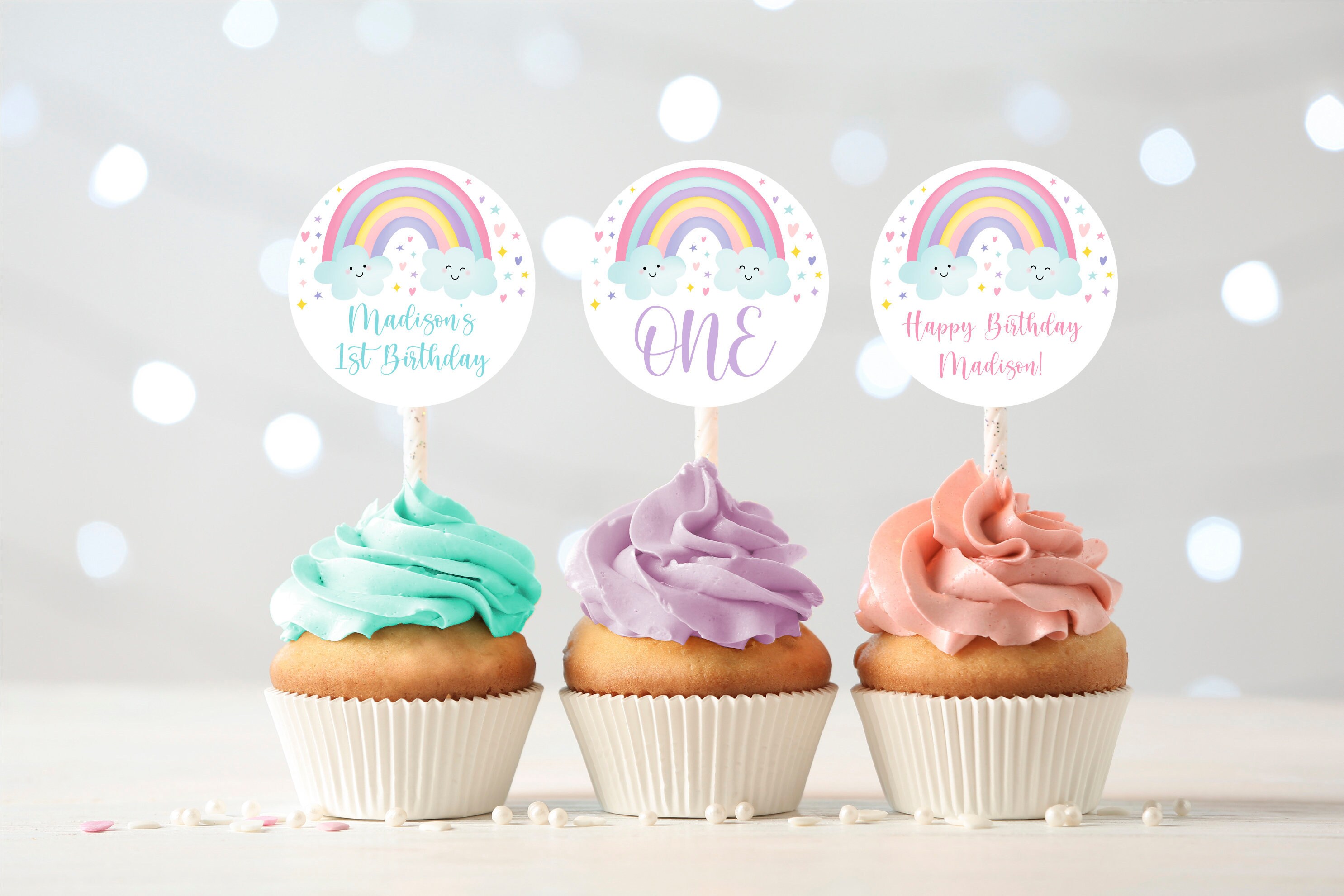 EDITABLE Rainbow Cupcake Toppers Girls Rainbow Party Pastel | Etsy