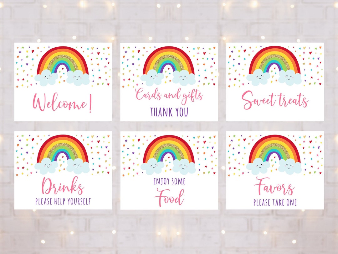 Editable Rainbow Birthday Signs Set of 6 Table Signs Rainbow Party Pink ...