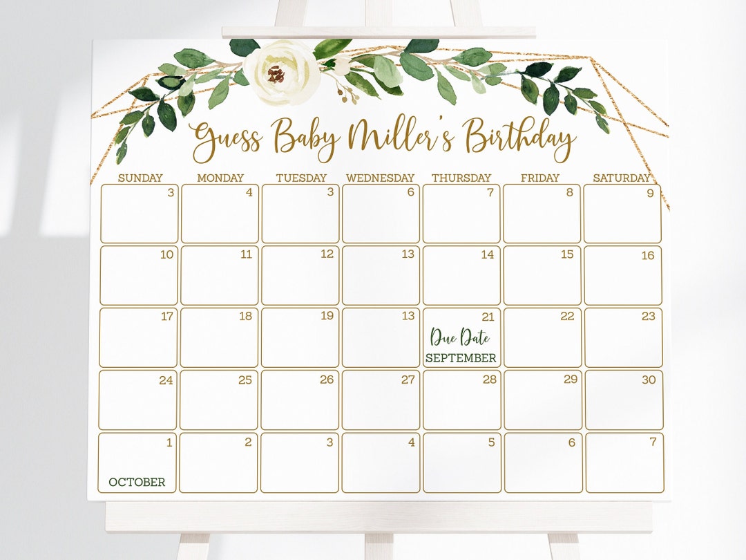 Editable Greenery Baby Due Date Calendar Birthday Predictions Game ...