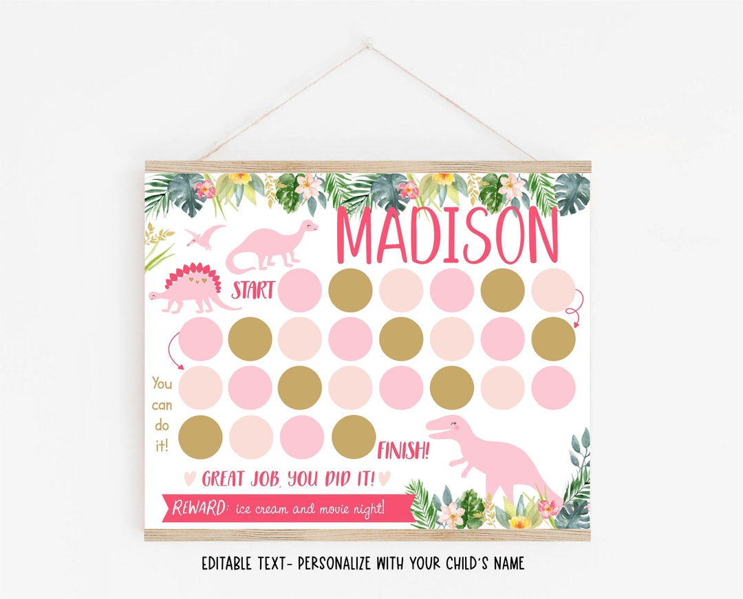 Editable Pink Dinosaur Reward Chart, Girl Dinosaur Sticker Chart, Potty ...