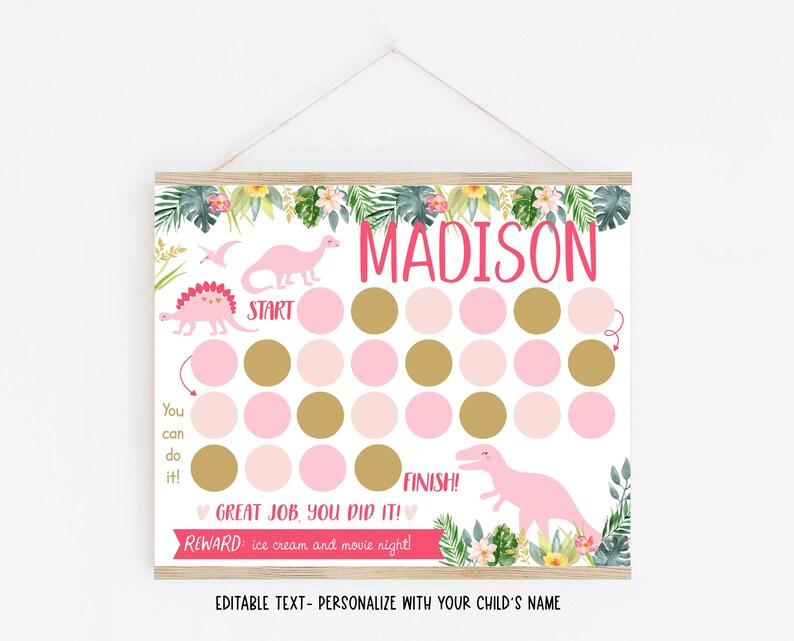Editable Pink Dinosaur Reward Chart, Girl Dinosaur Sticker Chart, Potty ...
