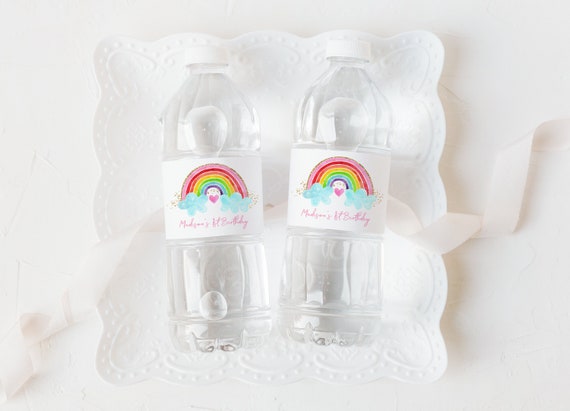 Editable Rainbow Water Bottle Labels Girls Rainbow Party Pink Gold ...