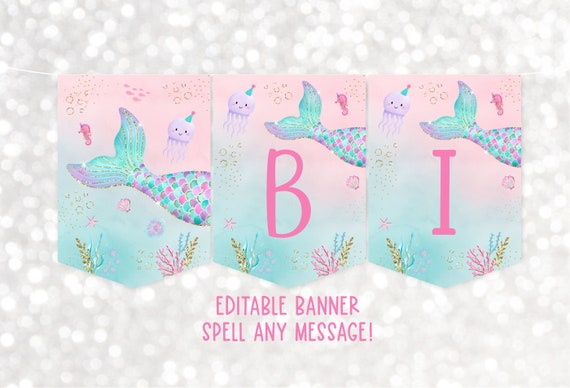 Editable Mermaid Birthday Banner Girls Mermaid Party Under the | Etsy