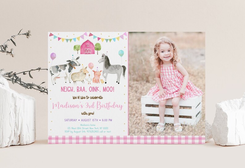 Editable Pink Farm Birthday Invitation Farm Animals Barnyard - Etsy