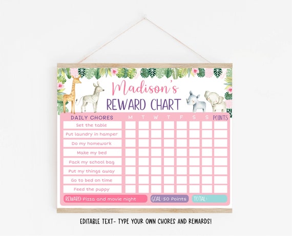 EDITABLE Pink Safari Reward Chart Safari Chore Chart Behavior Chart ...