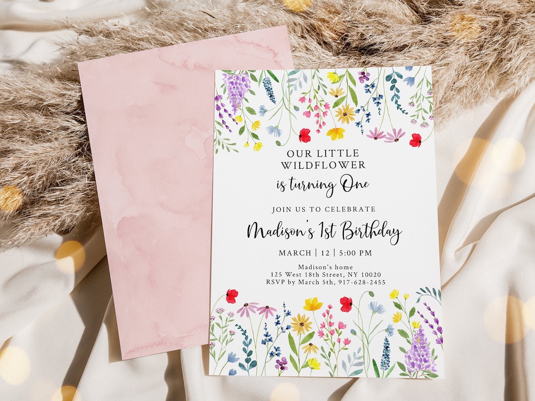 Editable Wildflower 1st Birthday Invitation Watercolor Wildflower ...