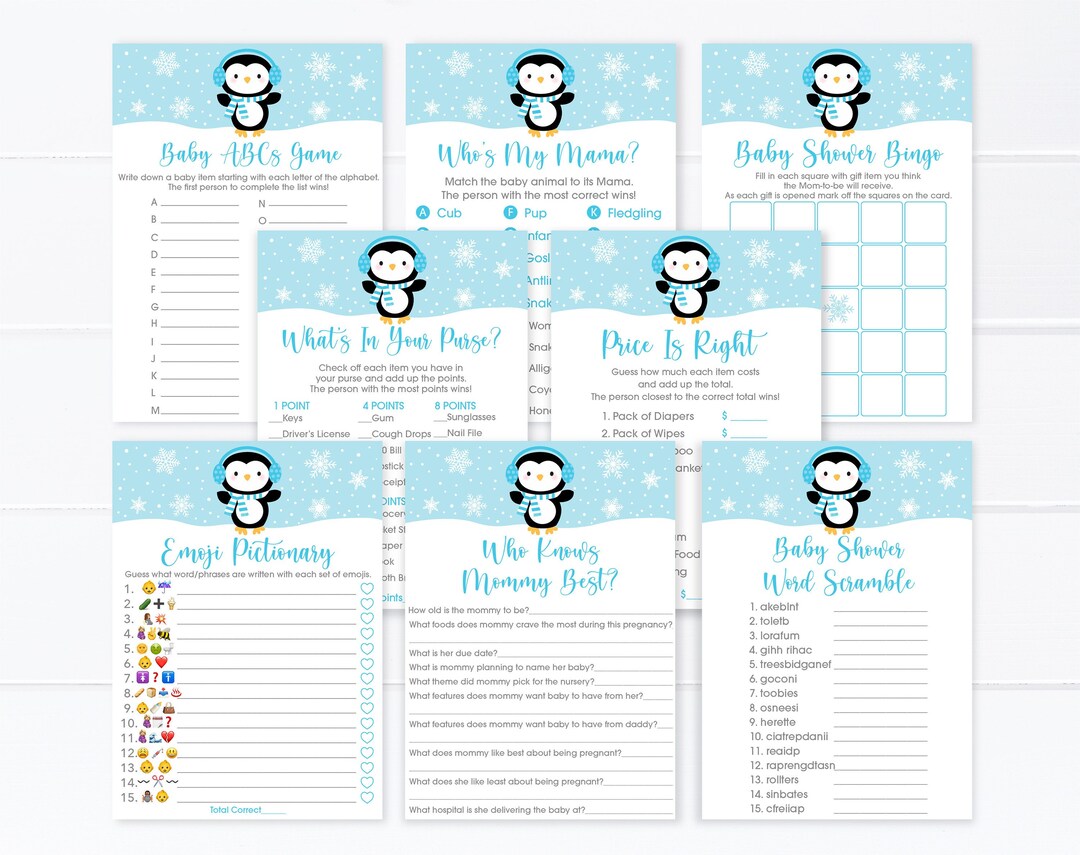 Penguin Baby Shower Games Package Blue Snowflake Winter Boy Baby Shower ...