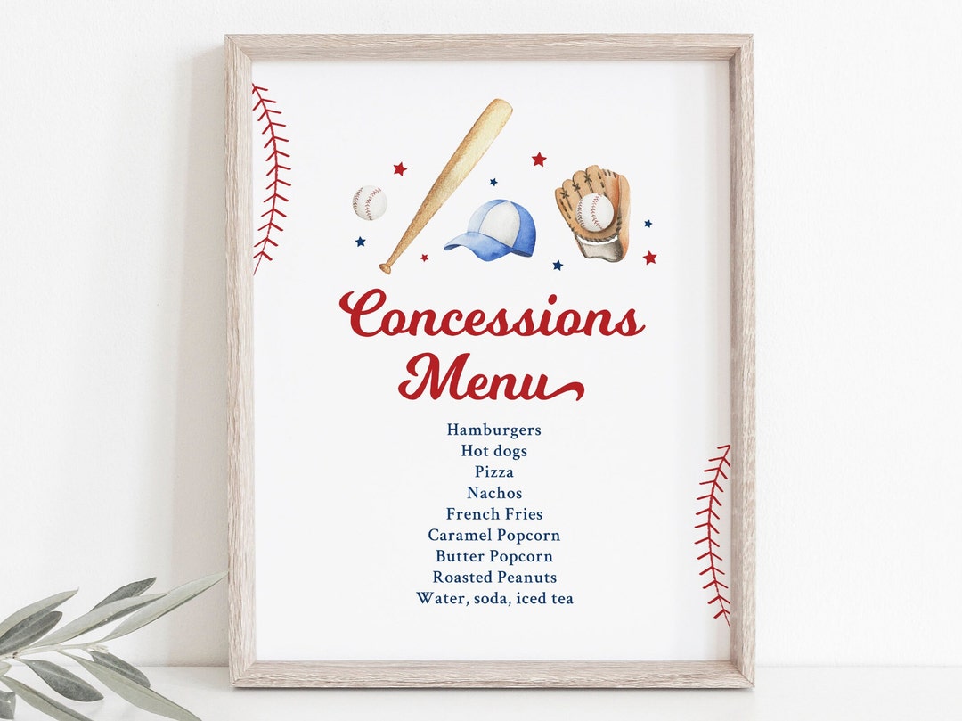 Editable Baseball Birthday Concessions Menu Baseball Party Sign Rookie ...
