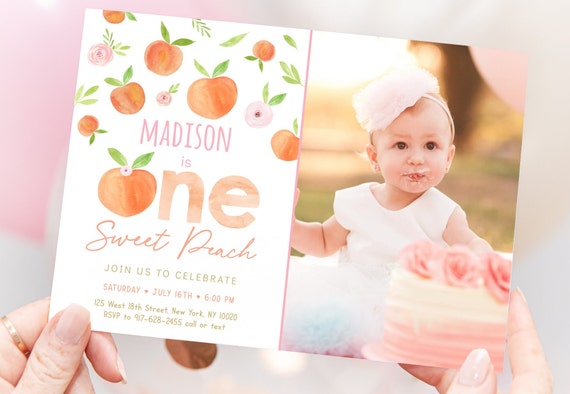 Editable Peach Birthday Invitation One Sweet Peach First Birthday ...
