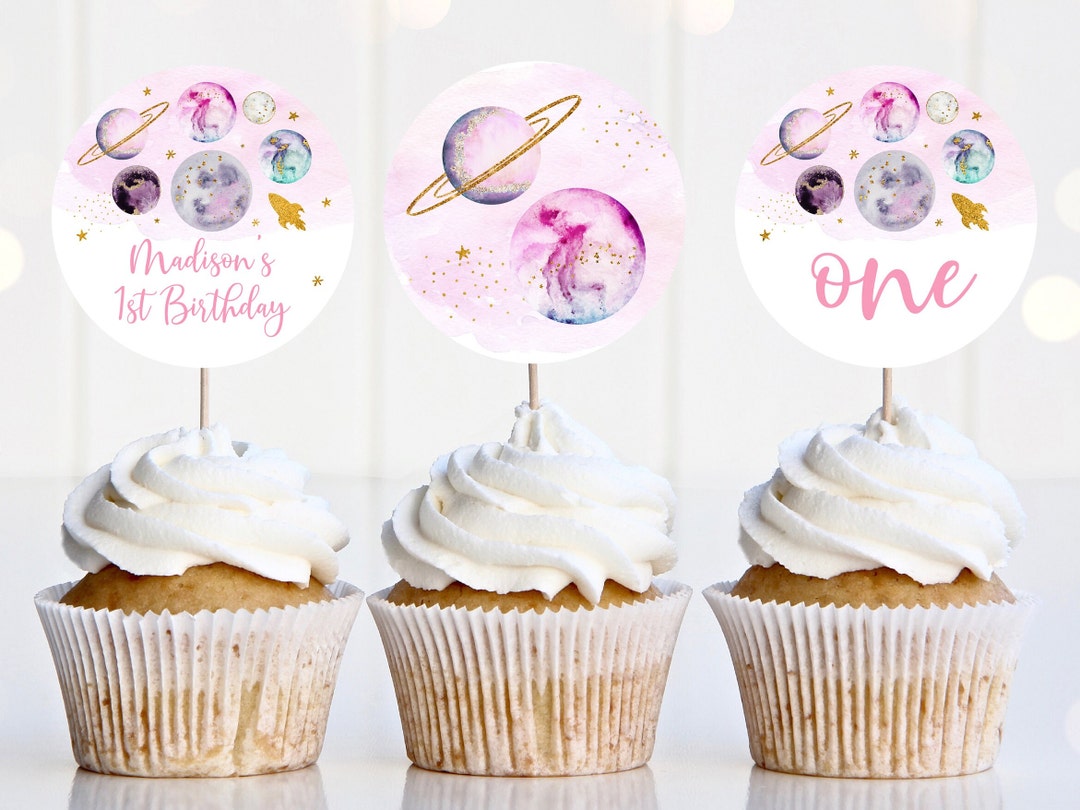 Editable Galaxy Cupcake Toppers Pink Gold Girl Galaxy Planets Rocket ...