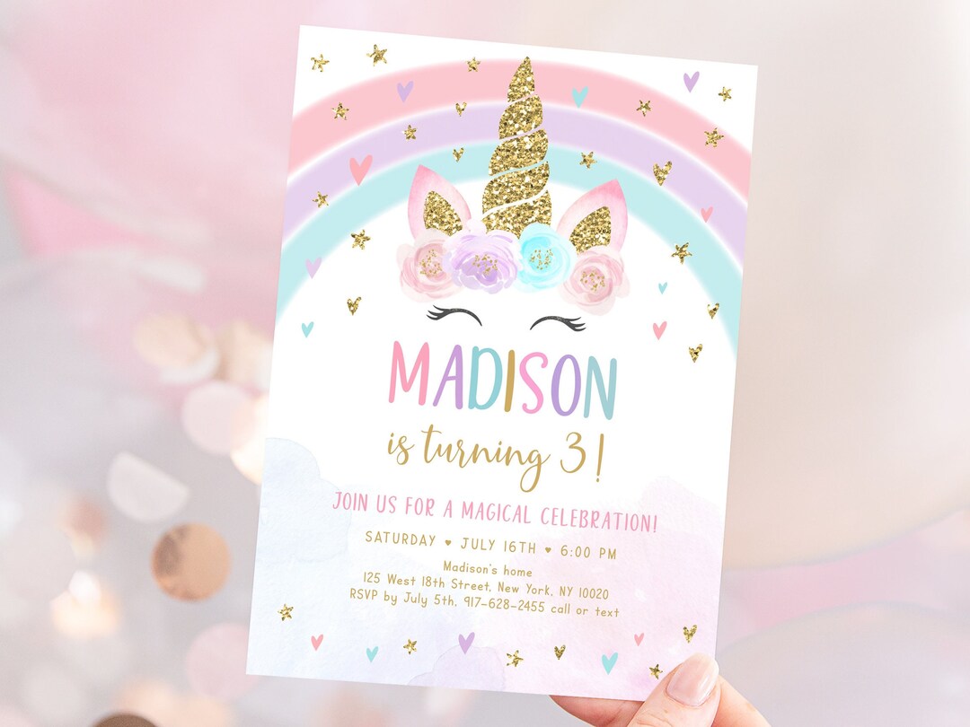 Editable Unicorn Rainbow Birthday Invitation Unicorn Magical Birthday ...