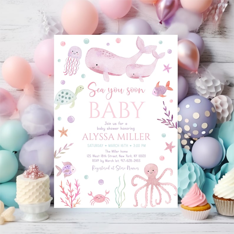 Sea You Soon Baby Shower Invitation, Pink Girl Pastel Under the Sea ...