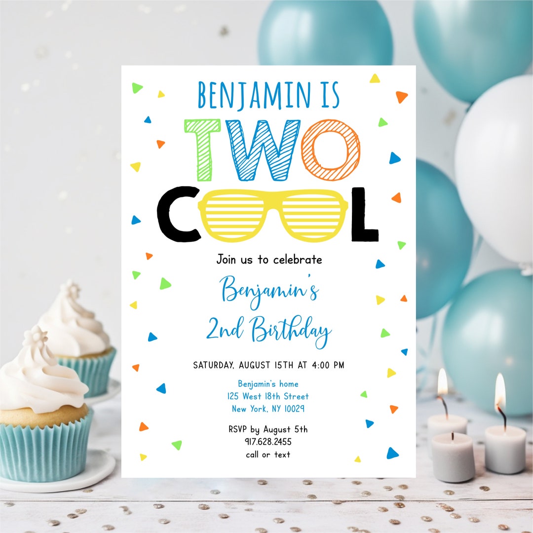 Editable Two Cool Birthday Invitation Two Cool Party Sunglasses Summer ...