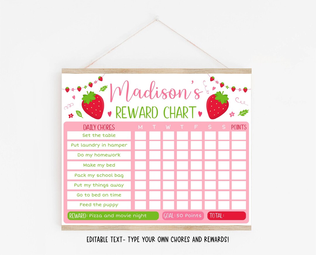 EDITABLE Strawberry Reward Chart Strawberry Behavior Chart Girls Daily ...
