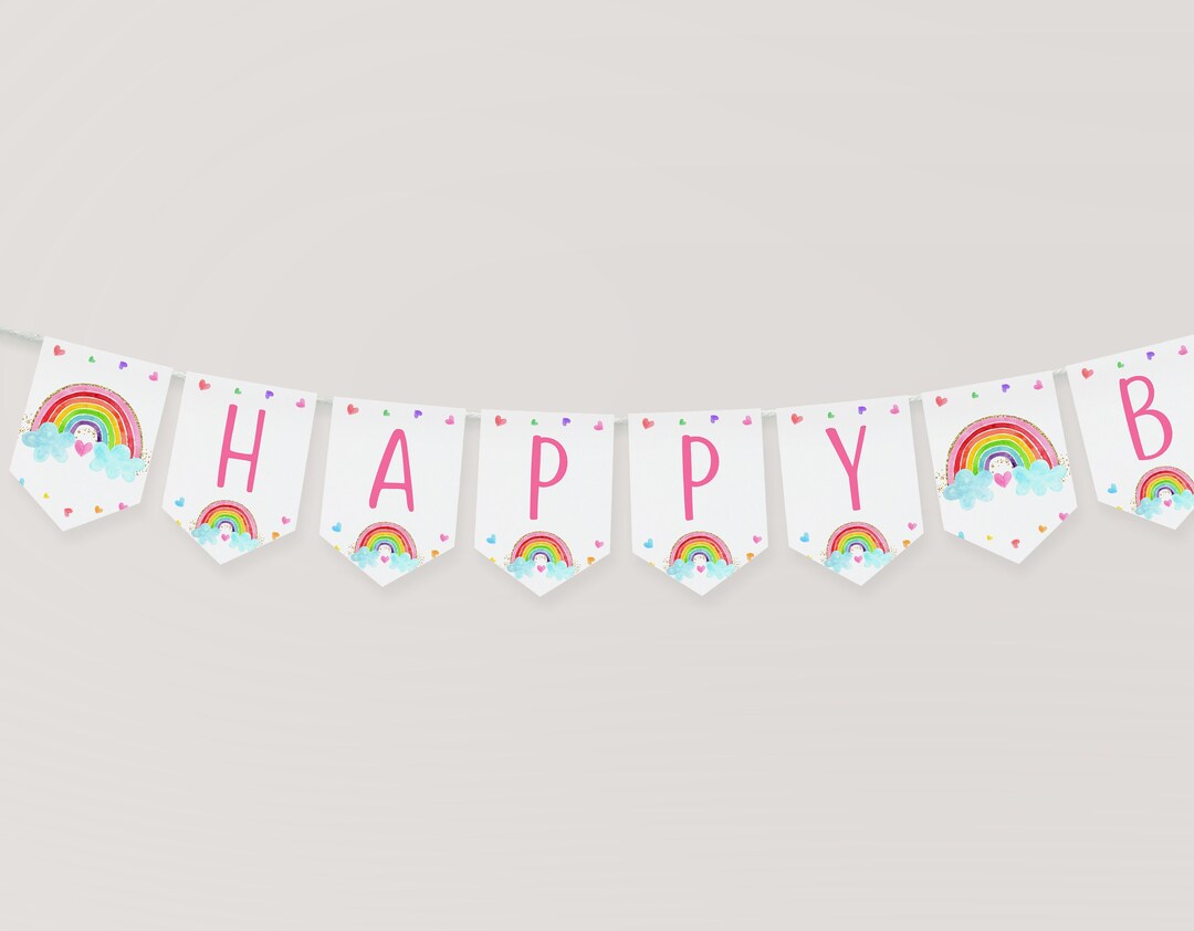 Editable Rainbow Birthday Banner Girls Rainbow Party Pink Gold Rainbow ...