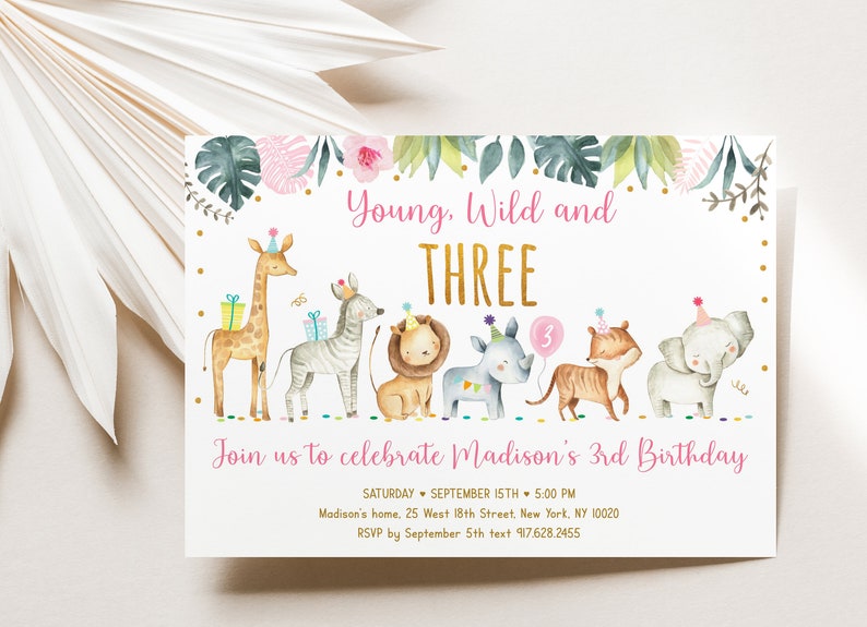 Editable Young Wild and Three Invitation Girl Pink and Gold - Etsy
