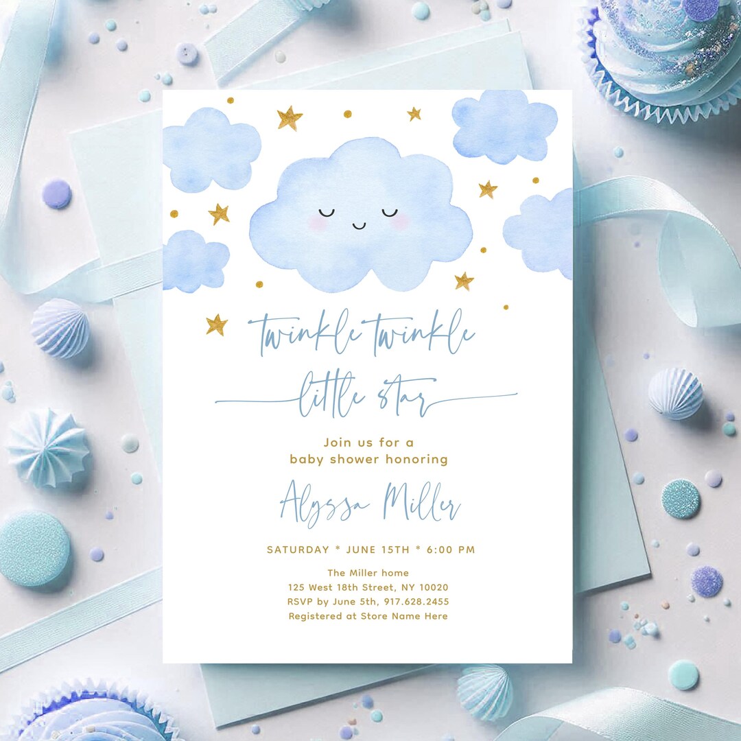 Editable Blue Twinkle Star Baby Shower Invitation, Cloud, Blue Gold ...