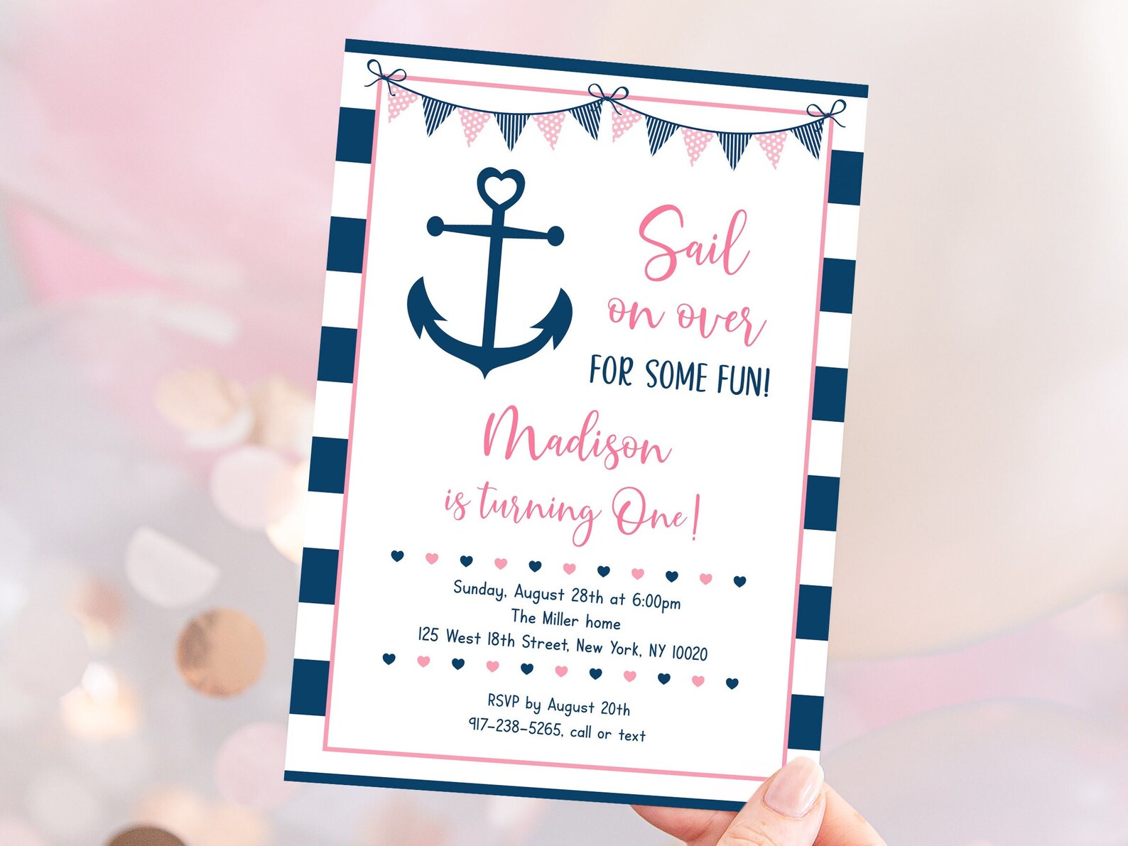 Editable Pink Nautical Birthday Invitation Anchor First Birthday Invite ...