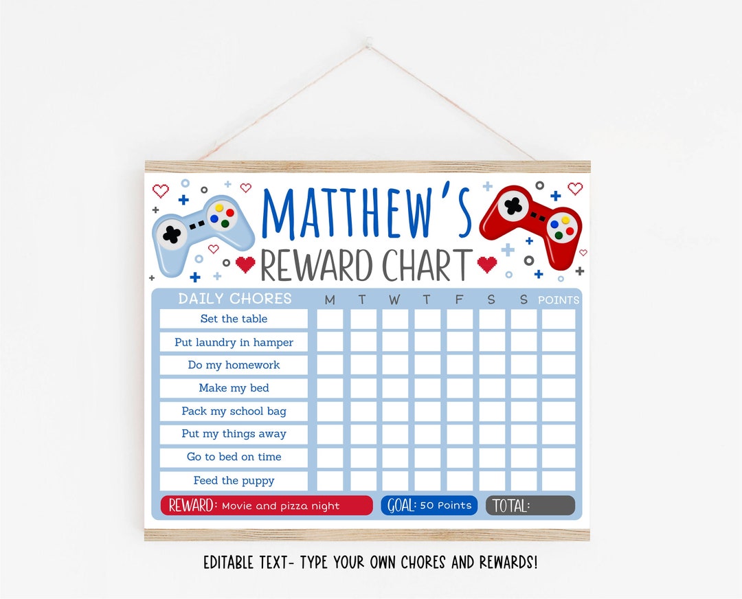 EDITABLE Video Game Reward Chart, Chore Chart, Behavior Chart, Boys ...