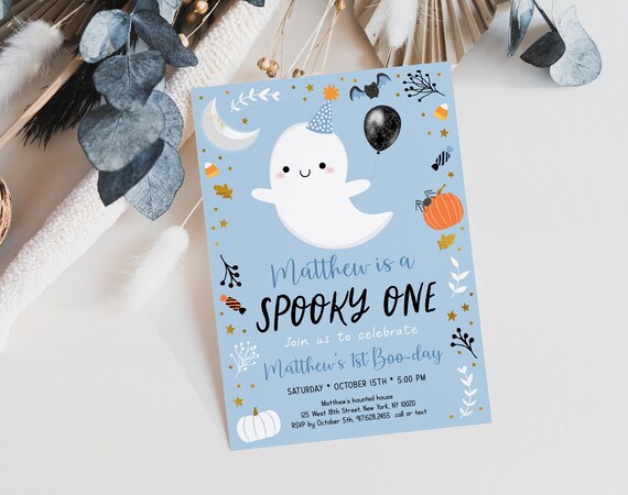 Editable Spooky One Ghost Birthday Invitation Halloween Ghost First ...