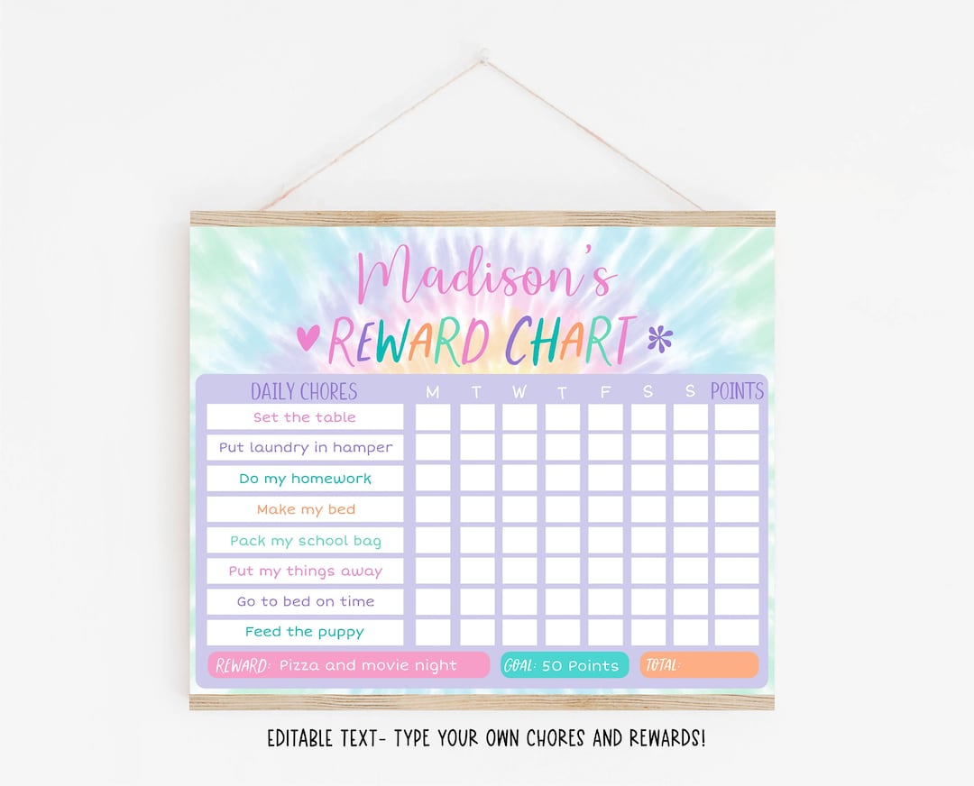 Editable Tie Dye Reward Chart, Tie Dye Behavior Chart, Pastel Rainbow ...