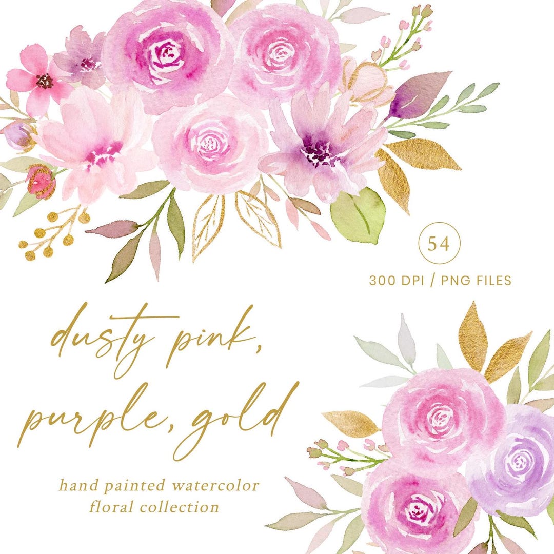 Dusty Pink Purple Gold Watercolor Floral Clipart, Wildflowers, Wild ...