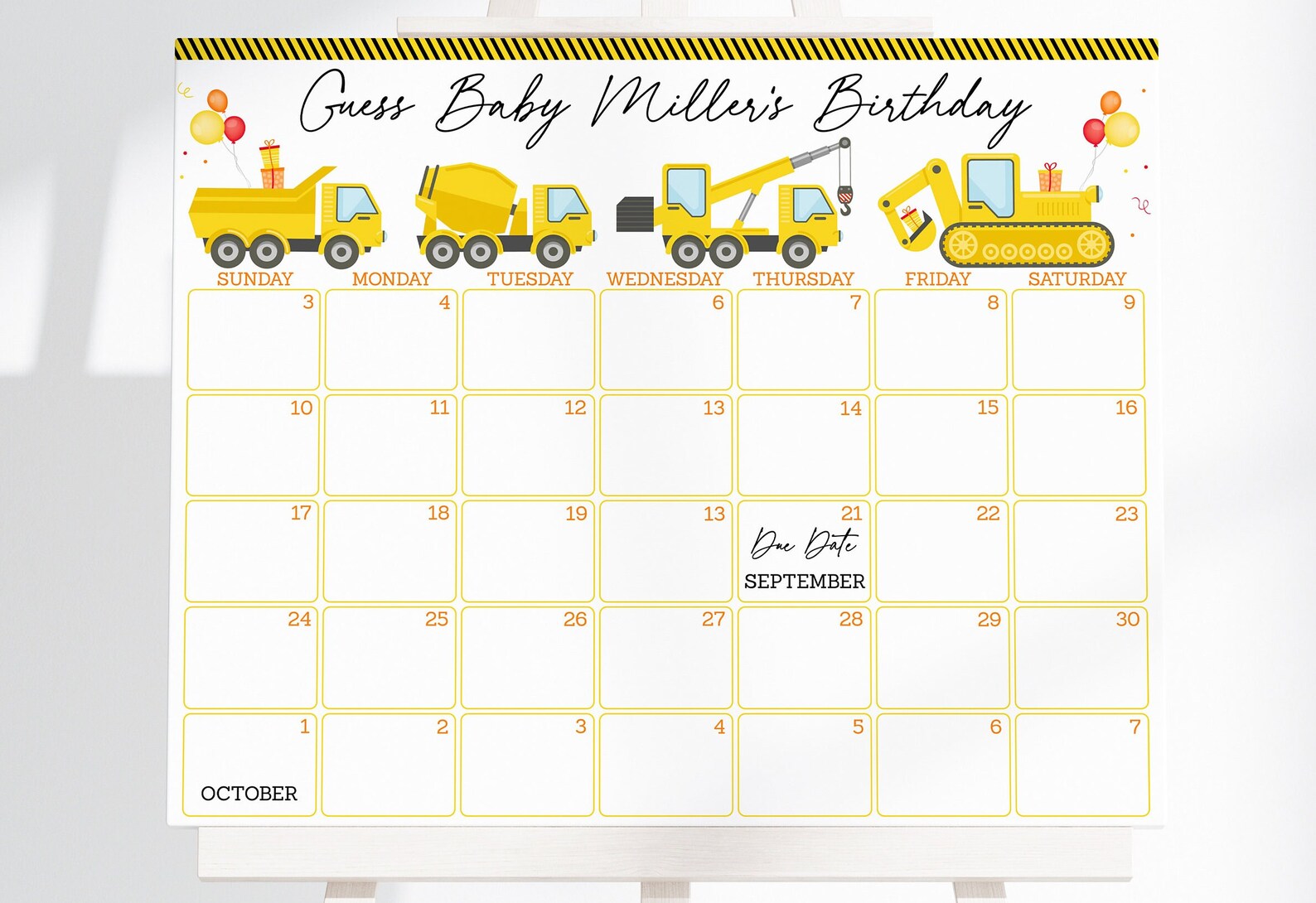 Editable Construction Truck Baby Due Date Calendar Game - Etsy