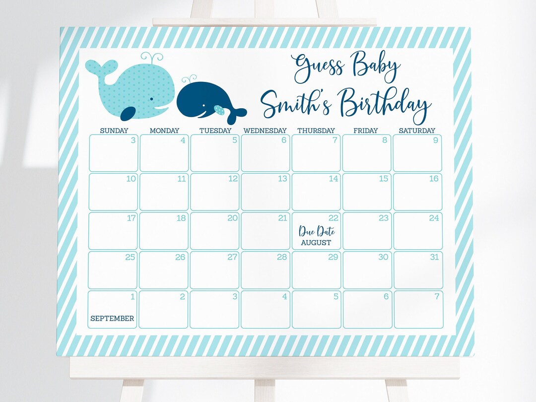 Editable Whale Baby Due Date Calendar Game Whale Baby Shower Nautical ...