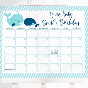 Editable Whale Baby Due Date Calendar Game Whale Baby Shower Nautical ...