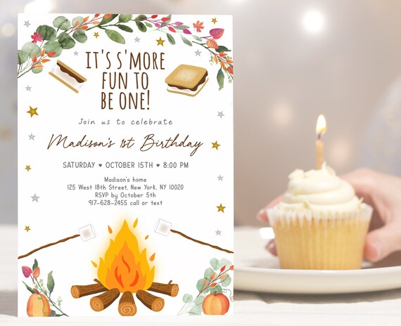 Editable S'mores 1st Birthday Invitation, Fall Birthday, Camping, Campfire, Bonfire, Smore Fun ...