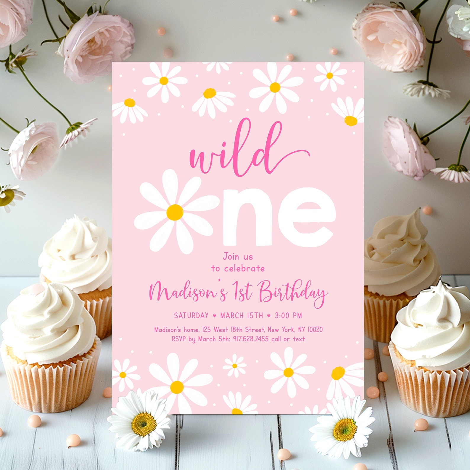 Daisy First Birthday Invitation Wild One Daisy Birthday Invite Pink ...