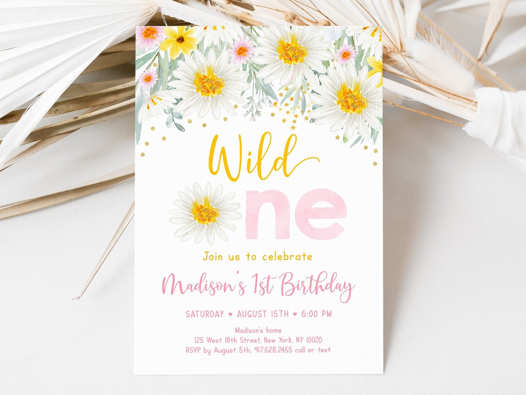 Editable Daisy First Birthday Invitation Wild One Floral Birthday ...