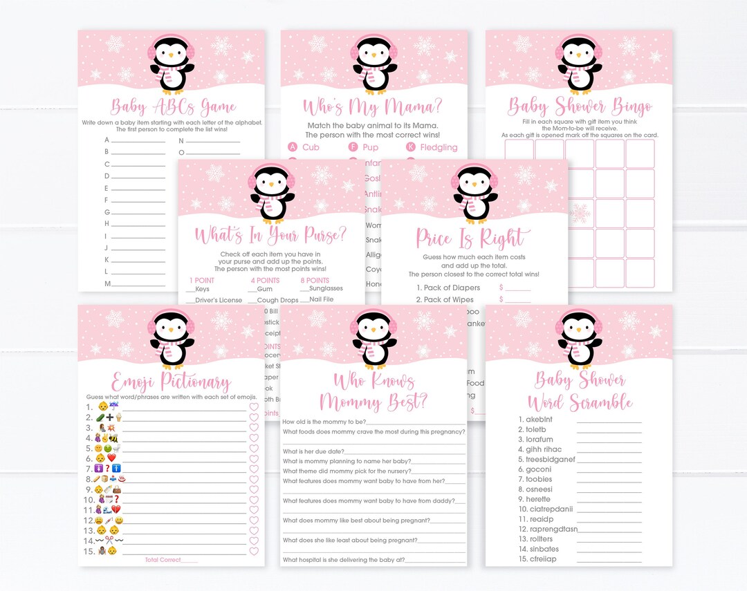 Pink Penguin Baby Shower Games Package Pink Snowflake Winter Girl Baby ...