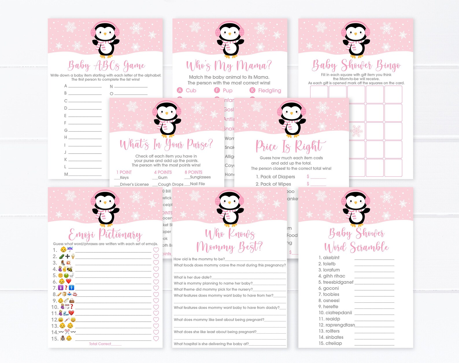 Pink Penguin Baby Shower Games Package Pink Snowflake Winter Girl Baby ...