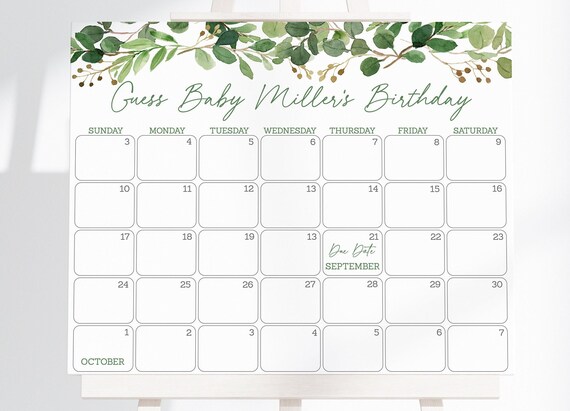 Editable Green Floral Baby Due Date Calendar Game Rustic Greenery Baby ...