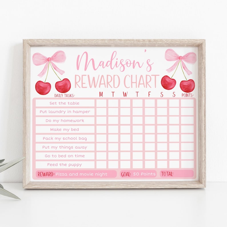 Cherry Bow Reward Chart, Behavior Chart, Daily Chores, Routine, Pink ...