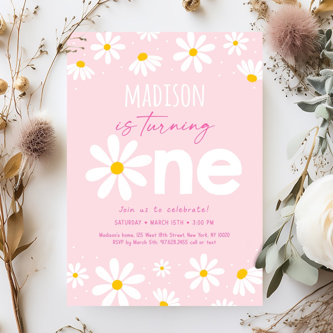 Daisy First Birthday Invitation Retro Daisy Birthday Invite Pink Daisy ...