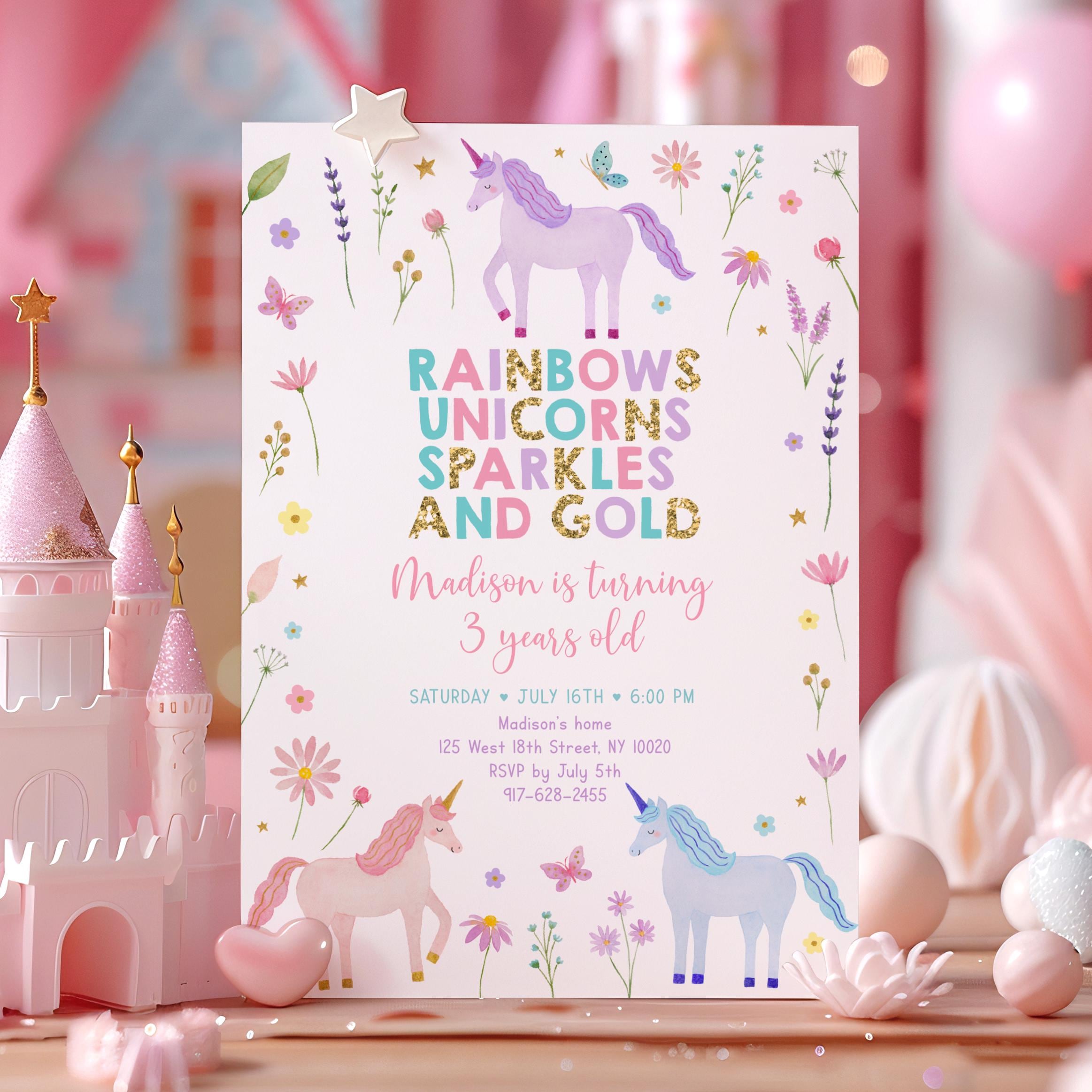 Editable Unicorn Rainbow Birthday Invitation Unicorns Rainbows Sparkles ...
