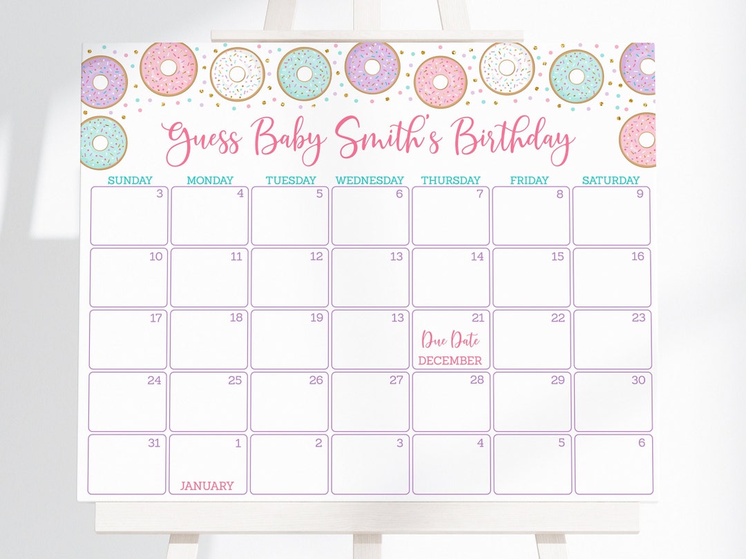 Editable Donut Baby Shower Due Date Calendar Game, Pink Gold Donut Baby ...