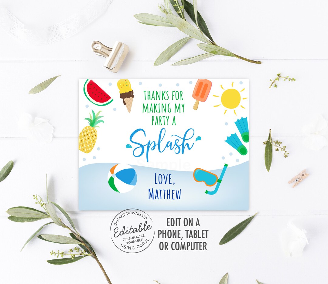 EDITABLE Pool Party Birthday Thank You Card Boys Pool Party - Etsy
