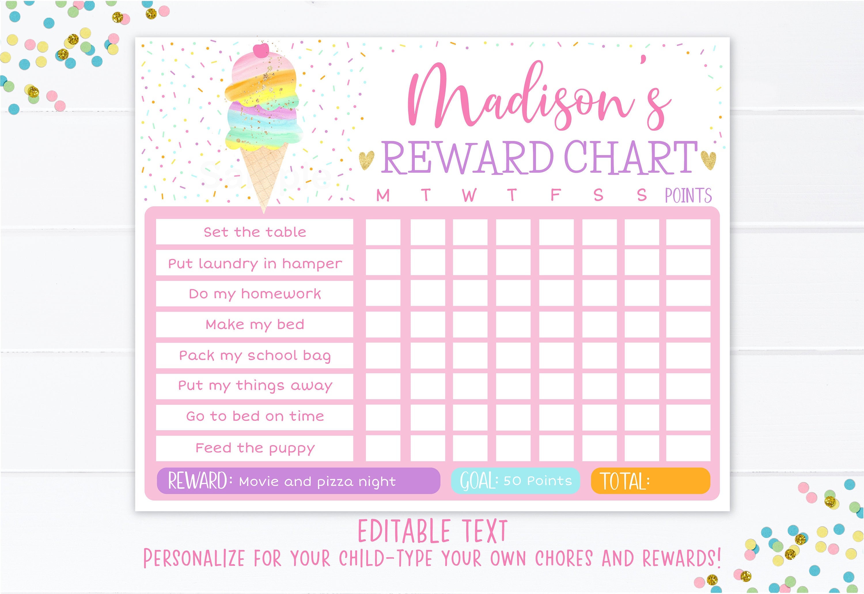 EDITABLE Ice Cream Reward Chart Ice Cream Behavior Chart | Etsy