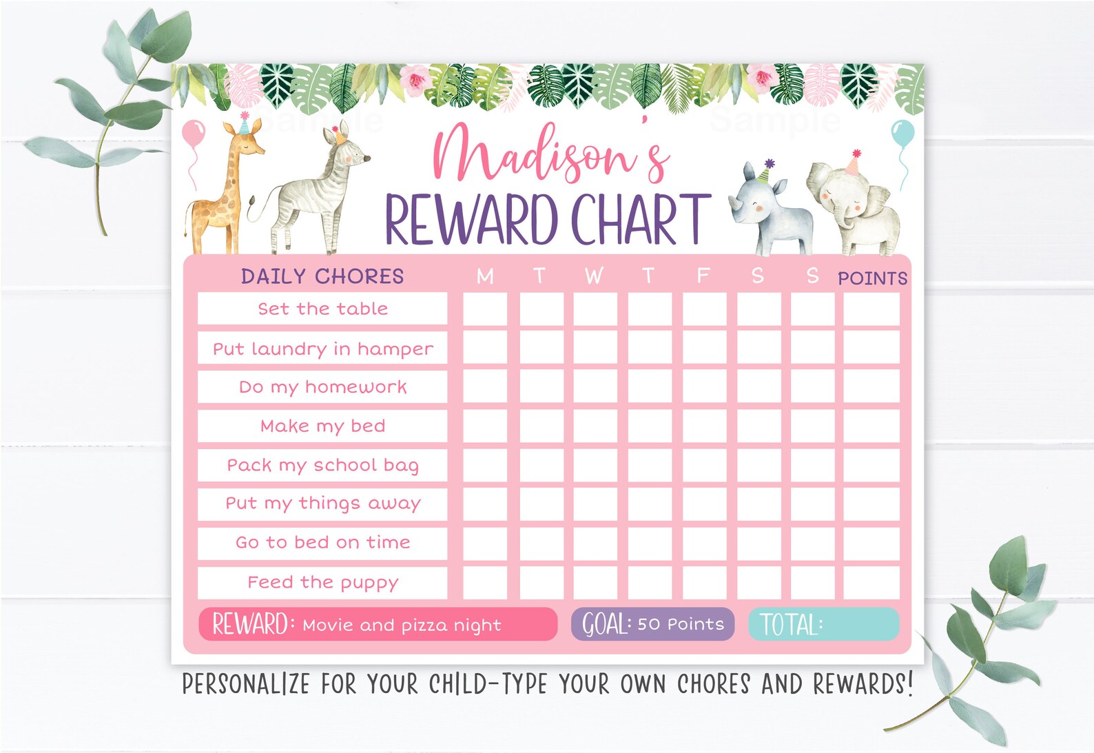 EDITABLE Pink Safari Reward Chart Safari Chore Chart Behavior - Etsy